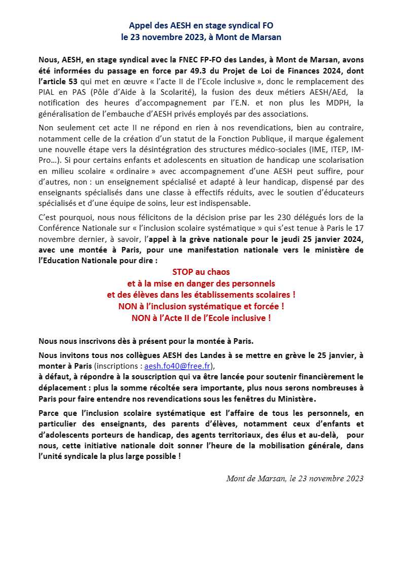 Contre l'acte 2 de l'école inclusive, appel des AESH des Landes - Snudi FO 40